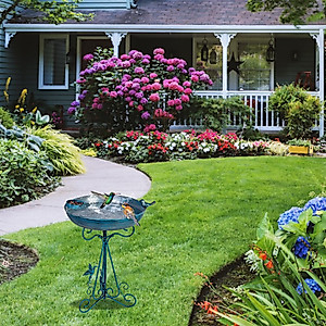 DREAMSOUL 12 inch Bird Bath with Stand, Blue Bird Baths for Outdoors, Metal Birdbath with Folding Bracket for Patio Lawn Garden Decor