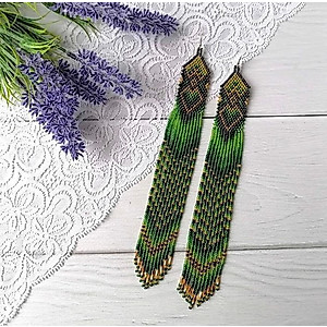 Long Beaded Tassel Earrings Unique Bohemian Bead Fringe Dangle Earrings Handmade Drop Tribal Earrings By BLUESTAR FASHION (Green)