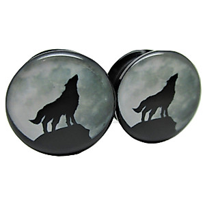 Pierced Republic Wolf Howling at The Moon Ear Plugs - Acrylic - Screw-On - New *Pair* - 8 Sizes (2 Gauge (6mm))