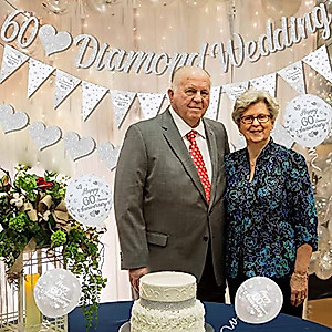 60th Anniversary Decorations, 60th Diamond Wedding Glitter Banners, 60th Anniversary Bunting Flag and Balloons for Anniversary Party Supplies