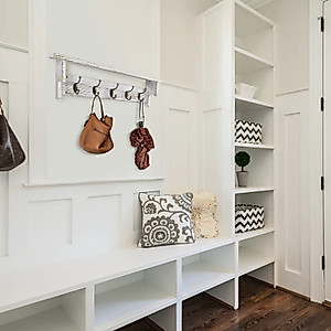 35" Long Coat Rack Wall Mount with Shelf, Rustic Wooden Entryway Shelf with 8 Hanger Hooks, Farmhouse Mounted Pinewood Floating Wall Hook Rack Shelf for Kitchen Bathroom Mudroom Laundry, White