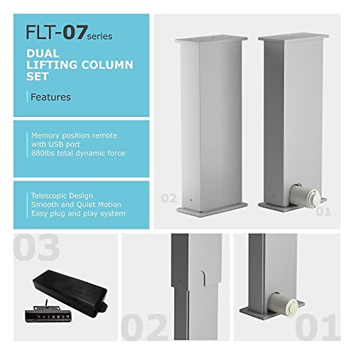 Height Adjustable Dual Lifting Column Set - 24VDC Brushed DC Motor Height Range (24 to 56) for Industrial, Home, Office Automation FLT-07 Model