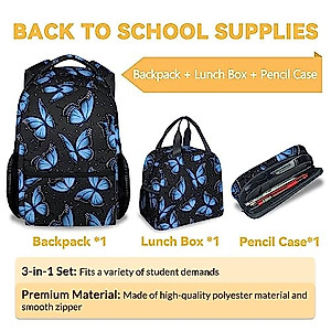 Butterfly Backpack with Lunch Box and Pencil Case Set, 3 in 1 Matching for Girls Blue Backpacks Combo, Aesthetic Bookbag and Pencil Case Bundle