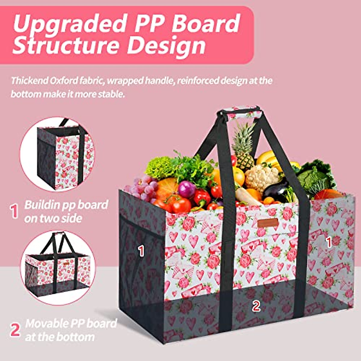 MHOMER Reusable Grocery Bags Extra Waterproof Large Tote Bag with Carrying Handles Reinforced Bottom Durable Oxford Fabric Foldable Shopping Bags for Storage Space Saving Red Heart Pattern