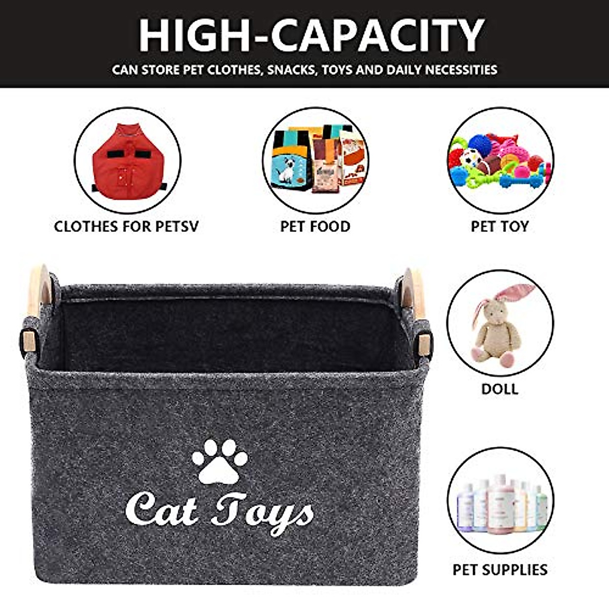 Geyecete CAT Toys Storage Bins - with Wooden Handle,Collapsible Pet Supplies Storage Basket Pet supplies storage Basket/Bin Kids Toy Chest Storage Trunk-CAT (Grey)