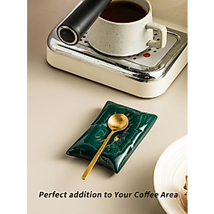 Cormomu Coffee Spoon Rest with Spoon, Ceramic Coffee Holder for Stirring Spoon, Teaspoon, Mini Porcelain Coffee Bar Accessories, Pillow Shape Small Spoon Rest, Green + Gold Spoon