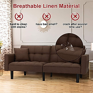 HOMHUM Convertible Sleeper Sofa Bed Modern Linen Fabric Couch Bed Futon Sofa Bed with 2 Pillows for Living Room, Apartment, Guest Room, Elegant Brown