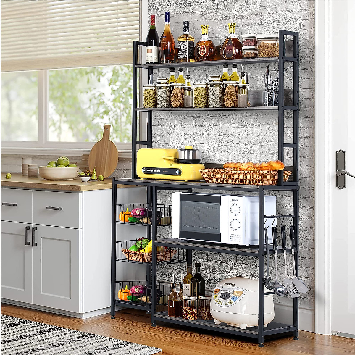 NAIYUFA Kitchen Bakers Rack with Baskets,5-Tier Kitchen Utility Storage Shelf with Hooks, Microwave Oven Stand Rack, Free Standing Kitchen Shelf Vintage Grey