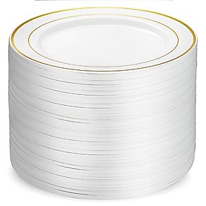 Munfix 100 Piece Plastic Party Plates White Gold Rim, Premium 10.25 Inch Dinner Elegant Fancy Heavy Duty Disposable Wedding Plates