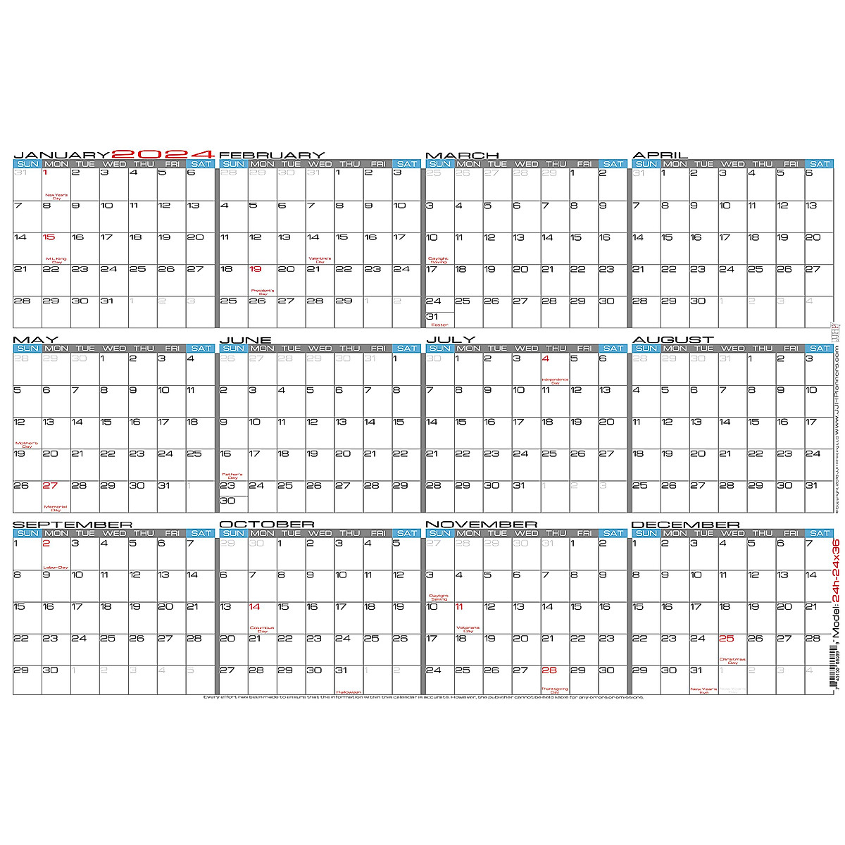 JJH Planners - Laminated - 24" X 36" Large 2024 Erasable Wall Calendar - Horizontal 12 Month Yearly Annual Planner (24h-24x36)