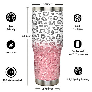 Exacmos 40 oz Tumbler with Handle and Straw 40 oz Leopard Cup Insulated Stainless Steel Coffee Travel Mug Spill Proof Leak Proof Slim 40oz Tumbler with Handle Leopard Decor Stuff Gifts for Women