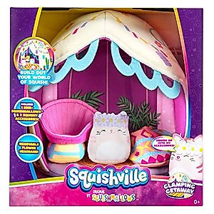 Squishville by Original Squishmallows Deluxe Glamping Playscene - Includes 2-Inch Paulita The Pink Tabby Cat, Bucket Chair, Sleeping Bag & Glamping Playscene - Toys for Kids