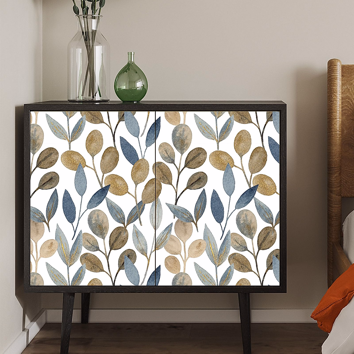 BaoHArtHome Gold Leaf Floral Wallpaper Peel and Stick Wallpaper Blue Contact Paper Removable Vinyl Boho Watercolor Vintage Wall Paper Renter Friendly for Bedroom Wall Mural 17.7in x 6.6ft