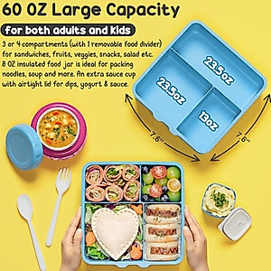 Fimibuke Bento Box for Kids with Thermos, 60OZ Bento Lunch Box Container with Leakproof 8OZ Insulated Food Jar, 3-4 Compartments, Sauce Jar, Utensils for Teens Toddler Adult, BPA-Free, Dishwasher Safe