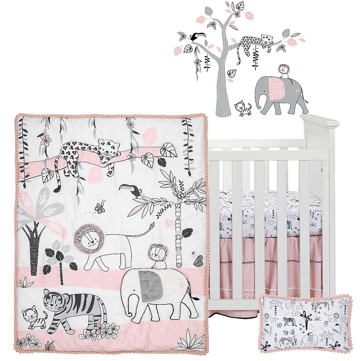 Lambs & Ivy Happy Jungle Pink/White Safari Nursery 5-Piece Crib Bedding Set