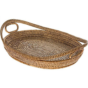 KOUBOO La Jolla Oval Rattan Tray with Looped Handles, Honey Brown, Small