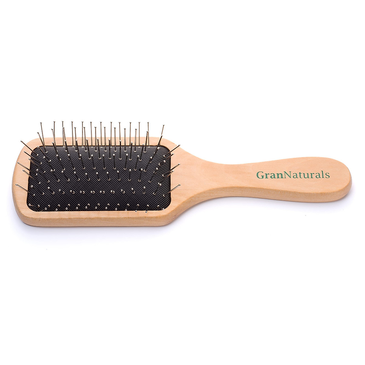 GranNaturals Metal Pin Bristle Hair Brush - Detangling, Anti-Static Paddle Grooming Tool - Rounded Steel Bristles, Ergonomic Wooden Handle - Scalp Massaging Comb - For Normal, Curly, Thick Hair, Wigs