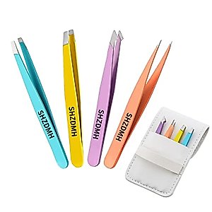 Professional Stainless Steel Tweezers Set-Precision Tweezers Set for Ingrown Hair Remove and Lash Extension, Plucking Tweezers with Leather Case for Ladies Gifts (4-Piece)