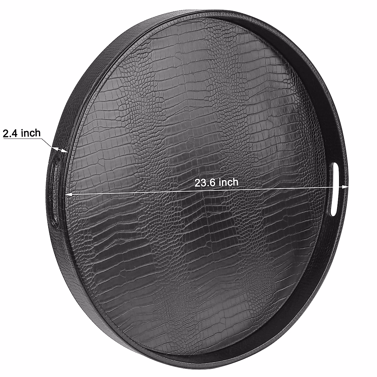 HofferRuffer Extra Large Round Serving Tray, Elegant Faux Leather Circle Ottoman Table Tray with Handles, Serve Tea, Coffee or Breakfast in Bed, Diameter 23.6 x 2.4 inches Height (Black)