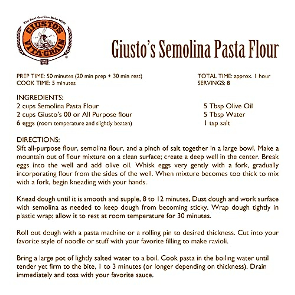 Giusto's Vita-Grain Gourmet Semolina All-Natural No. 1 Durum Wheat Flour, 5lb Bag