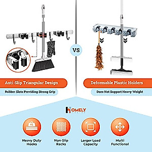 Homely Center Mop and Broom Holder Wall Mount – Heavy-Duty Broom Closet Organizer for Garage, Kitchen, Laundry Organization – Broom and Mop Holder – Tool Hanger with 3 broom racks and 4 broom hooks
