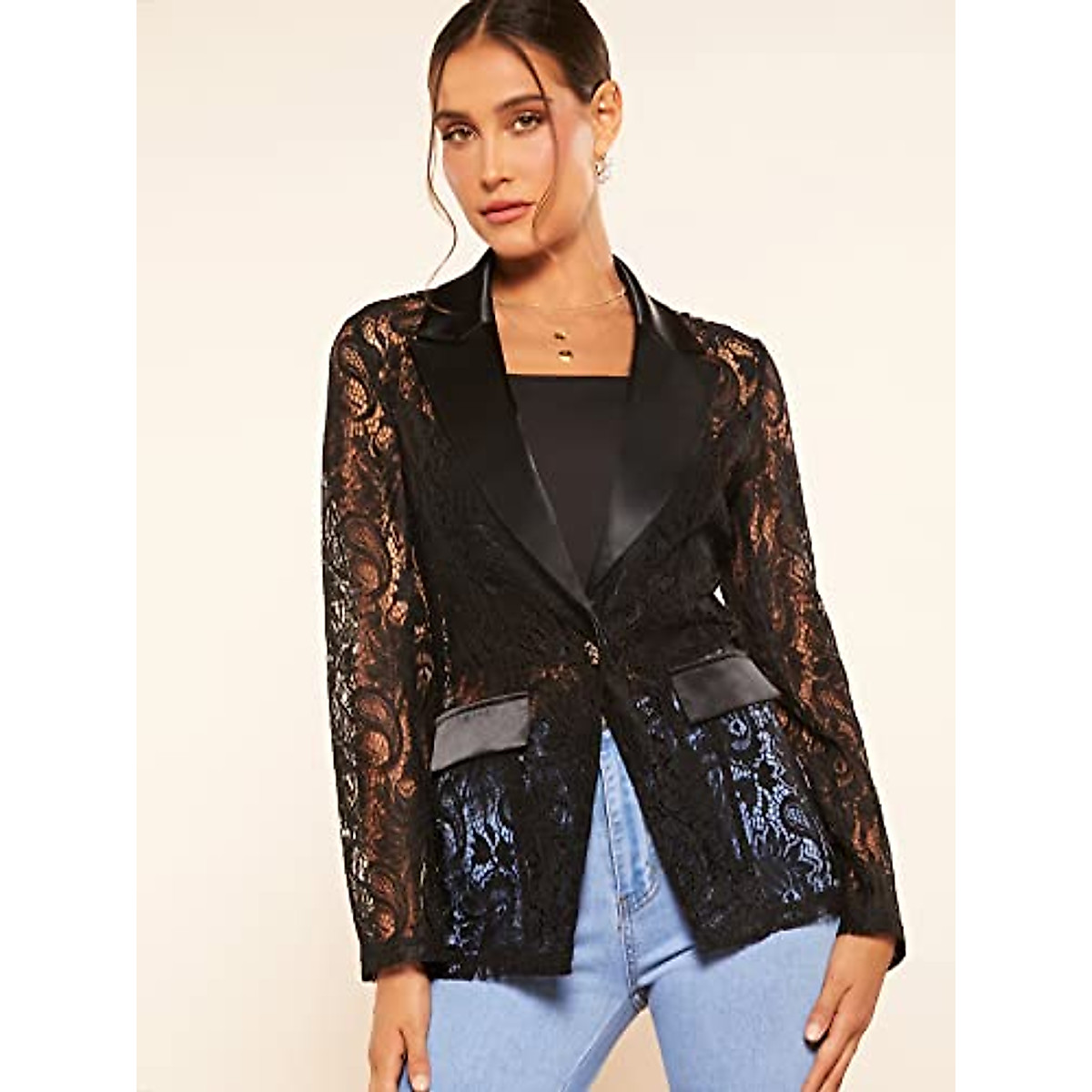 WDIRARA Women's Floral Lace Mesh One Button Lapel Neck Long Sleeve Elegant Jacket Blazer Black S