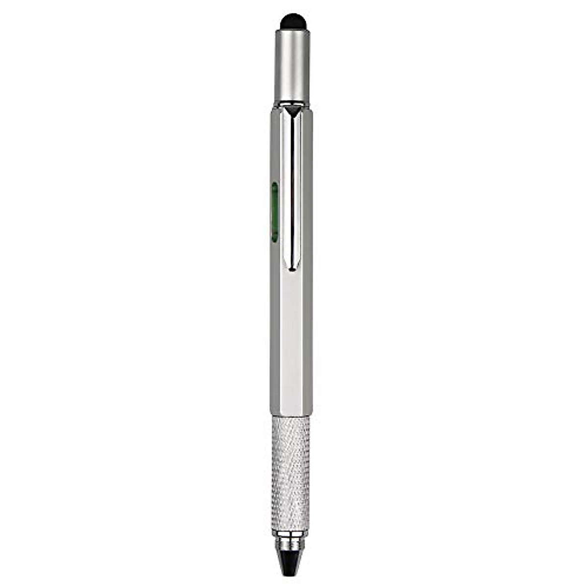 DUNBONG Metal Multi tool Pen 6-in-1 Stylus Pen - With Screwdriver, Ballpoint Pen Black ink, Stylus pen, Level and Ruler, 1-Count (Silver)