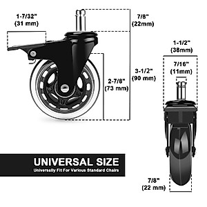 Office Chair Caster Wheels, Heavy Duty Chair Wheels 3 Inch, Safe for All Floors Including Hardwood, Universal Standard Stem Size Fits 99%, NOT Compatible for IKEA - with Brake (Set of 5)