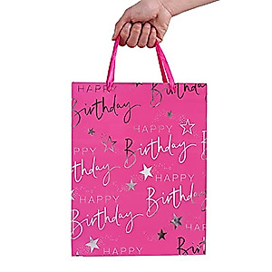 Elephant-package Paper Gift Bag Silver Metallic Happy Birthday Printed, Large Gift Bag for Kids Girls Birthday (12.6" Pink)