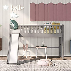 Harper & Bright Designs Twin Size Low Loft Bed with Slide, Wood Low Loft Bed for Kids, Girls, Boys (Gray)