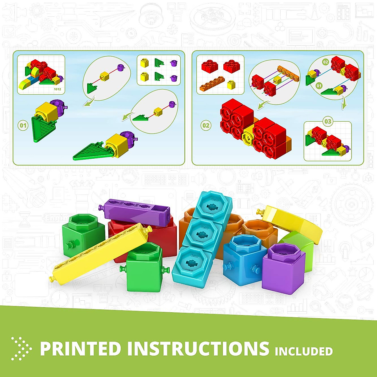 Engino Toys Creative Engineering STEAM Maker Junior 10-Model Set, Color and Number Learning, Stackable Building Blocks, Hand-Eye Coordination, Elephant, Giraffe, Spaceship, Home Learning, for Ages 4+