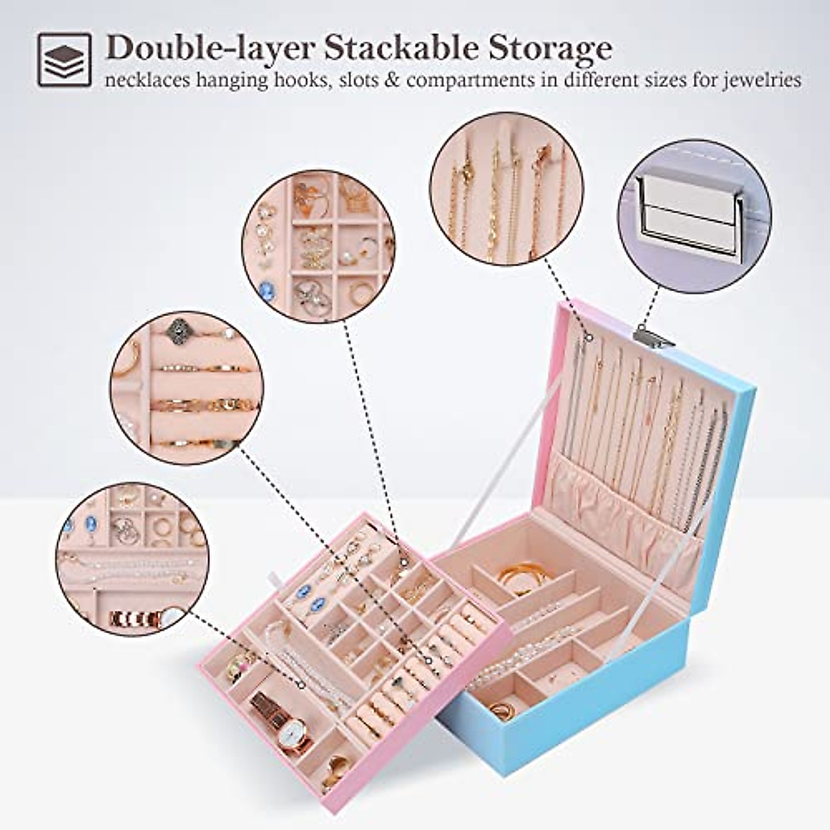 ProCase Jewelry Box for Women, 2 Layers Large Leather Jewelry Organizer Storage Case with Removable Pad for Earrings -Gradient