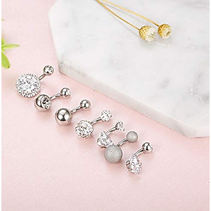FUNRUN JEWELRY 7PCS 14G 6MM 1/4 Inch 316L Surgical Steel Belly Button Rings Belly Earring CZ Navel Rings Barbell Body Piercing Jewelry (A:Silver tone)