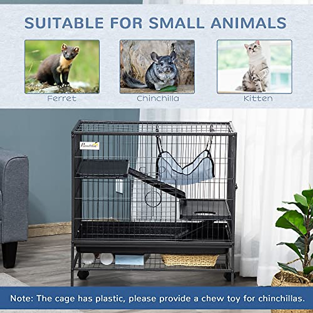 PawHut Small Animal Cage with Hammock, 3 Tiers Ferret Cage with Storage Shelf, Chinchilla Cage Sugar Glider Cage, Strong Metal Wire, Removable Tray