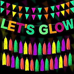Outus Neon Party Supplies Includes Let's Glow Banner 20 Pieces Neon Paper Tassels and Neon Triangle Flag Glow in The Dark Party Supplies Bunting Party Hanging Decorations for Birthday Christmas Party