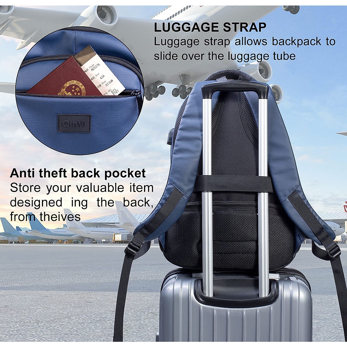 QinVi Travel Laptop Backpack College School Book Bag With USB Charging Port Durable Waterproof Anti Theft Computer 15.6inch Backpacks Fits Gifts For Youth Men & Women Blue