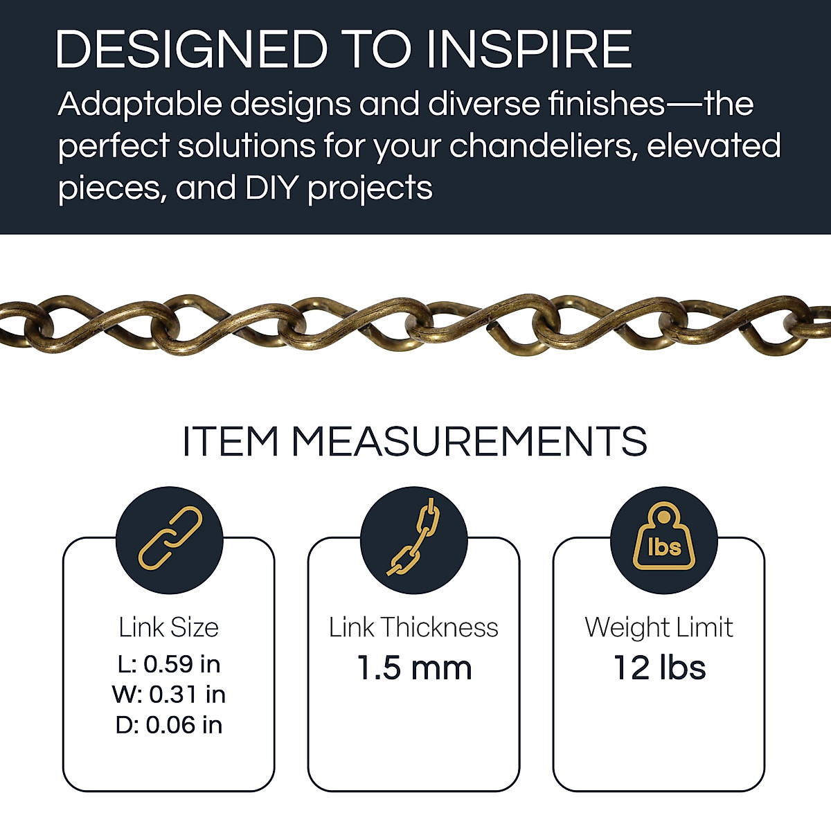 RCH Hardware CH-S50-16-BLK-10 |14 Gauge Decorative Solid Steel Single Jack Fixture Chain | 10 Foot Increments | Black Finish