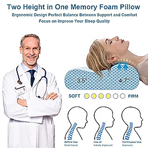 Anvo Memory Foam Pillow, Neck Contour Cervical Orthopedic Pillow for Sleeping Side Back Stomach Sleeper, Ergonomic Bed Pillow for Neck Pain - Blue White, Firm