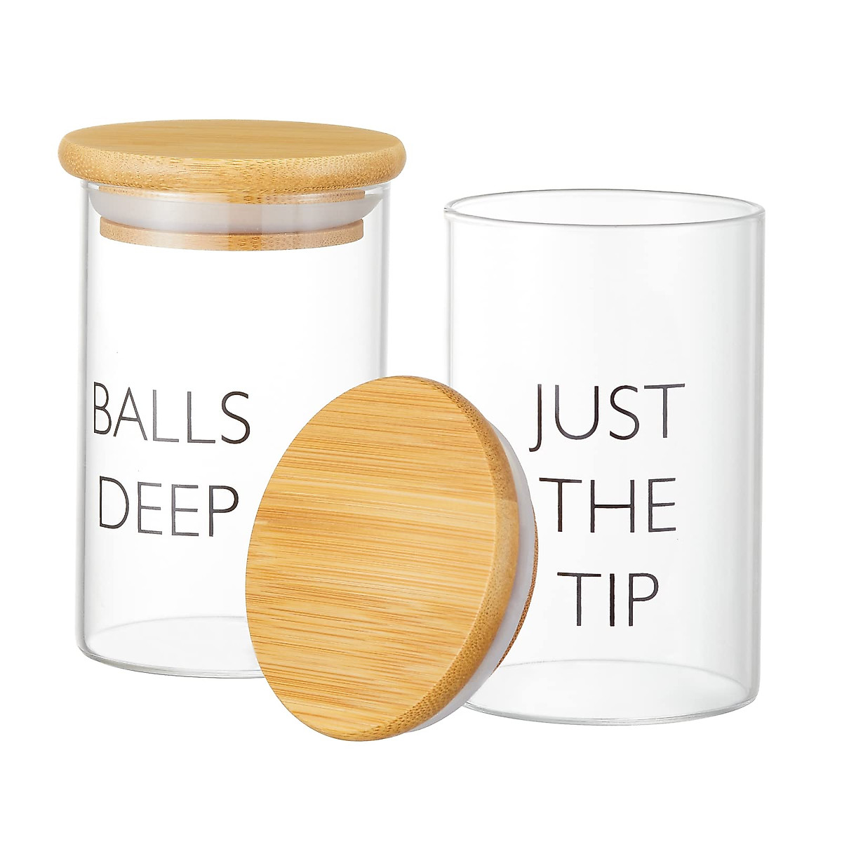 INIUNIK Glass Qtip Holder Dispenser, 2 Pack Glass Apothecary Jars with Lids, Sealed Q Tip Holder Cotton Ball Round Pad Swab Holder Funny Bathroom Canisters Jars for Vanity Restroom Décor and Storage