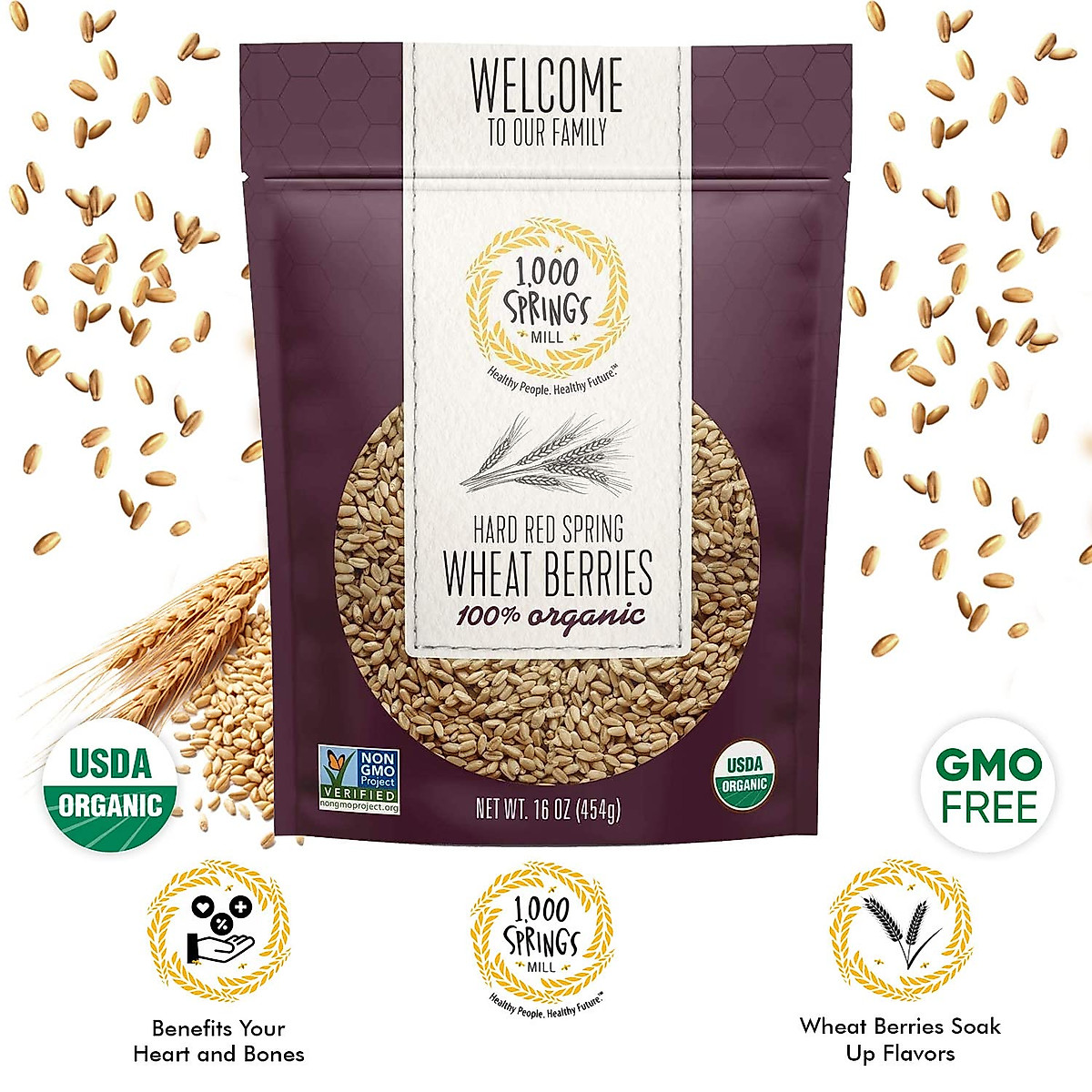 1000 SPRINGS MILL - Organic Hard Red Spring Wheat Berries - Used for Organic Flours, Cereals, Salads, and Whole Wheat Breads - Organic Sprouting Seeds - Bulk Dried Grain - Resealable Bag - 16oz (Pack of 1)