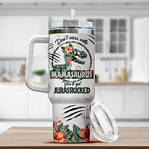 9SUNFLOWER Mamasaurus Stainless Steel Dinosaur Insulated Cup With Floral Straw Lid, Handle, 40 Oz Tumbler, Mommy Dinosaur Gift