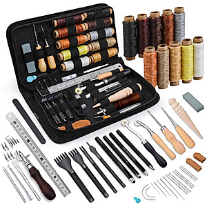 Leather Working Tools Leather Craft Kit and Supplies Upholstery Repair Kit with Waxed Thread Stitching Groover Awl for Punch Stitching, Leather Sewing and DIY Craft Making