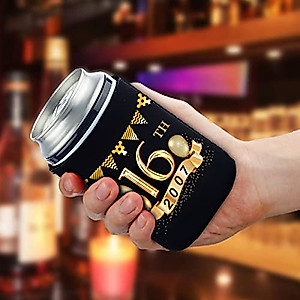 Yangmics 16th Birthday Can Cooler Sleeves Pack of 12- 2007 Sign - 16th Birthday Party Supplies - 16th Anniversary Decorations - Black and Gold Sixteenth Birthday Cup Coolers