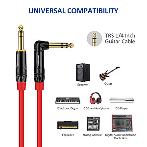 DREMAKE Guitar Cable Cord 6FT, 2 Pack TRS 1/4 Straight to Right Angle Professional Instrument Guitar Amp Cable, TRS 6.35mm Male to Male Balanced Audio Cable for Pro Audio Effects Pedal Quarter Inch