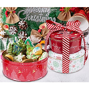 JOYCUBE Cookie Tins with Lids, 3 Pack Christmas Cookie Tins with 16.5ft Gift Ribbon, Festive Cookie Cake Containers Tins for Gift Giving & Holiday Treats, Round Metal Nesting Containers
