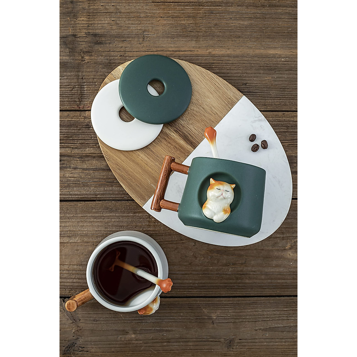 DIHOclub Adorable 3D Ceramic Cat Mug with Lid and Spoon - Perfect for Coffee, Tea, Milk, and More - Ideal Gift for Animal Lovers - 14 Ounces (Green)