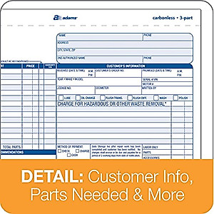 Adams Auto Repair Order Forms, 8.5 x 7.44 Inch, 3-Part, Carbonless, 50-Pack, White and Canary (GT3870)