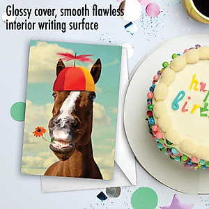 NobleWorks - 1 Happy Birthday Card with Funny Animals - Wildlife and Pet Humor, Fun Birthday Celebration Notecard - Horse Around C9304BDG