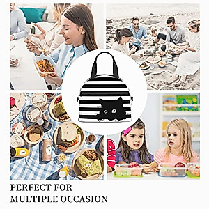 Cute Cat Black And White Striped Background Lunch Bag Funny Animal Kitten Reusable Insulated Lunch Tote Bag Lunchbox Container With Adjustable Shoulder Strap For Office Work School Picnic Travel