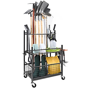 VEVOR Garden Tool Organizer, 16 Slots with Hooks, Yard Tool Tower Rack with Wheels for Garage Organization and Storage, Hold Long-Handled Tool/Rake/Broom, Metal Tool Stand Holder for Shed, Outdoor